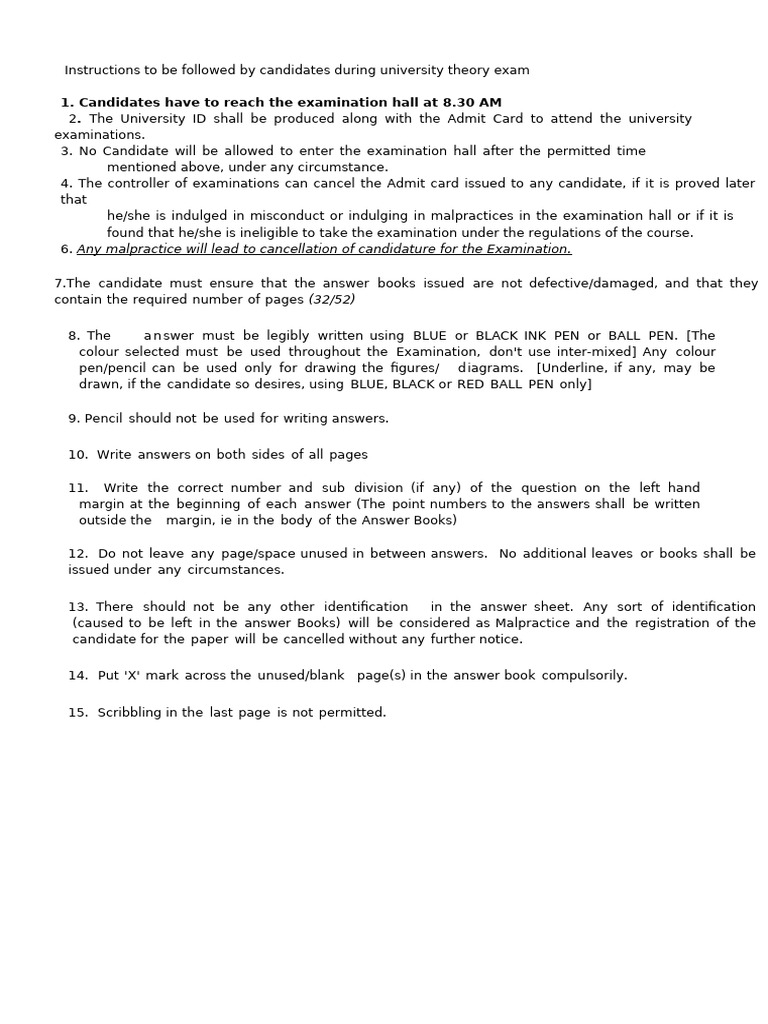 Instructions For Exams | PDF