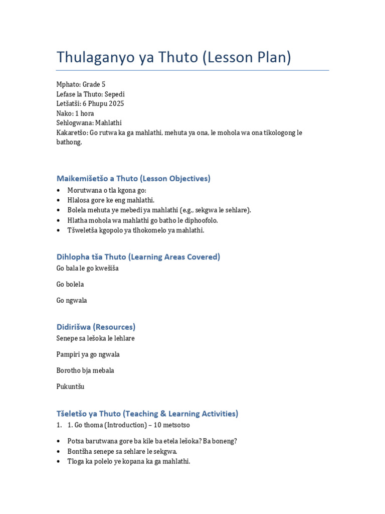 Sepedi Grade5 Lesson Plan Mahlathi 6 Phupu 2025 | PDF