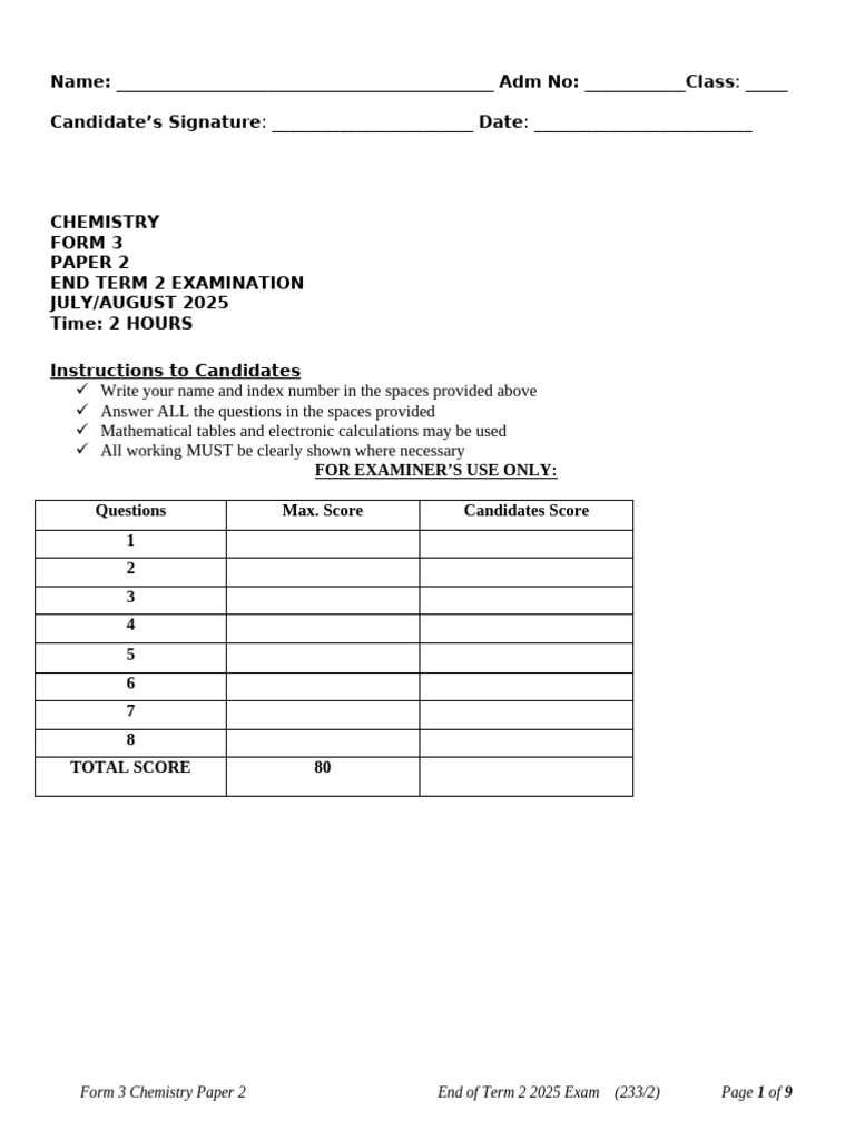 Form 3 Chemistry Exam Paper 2025 | PDF | Magnesium | Chemistry