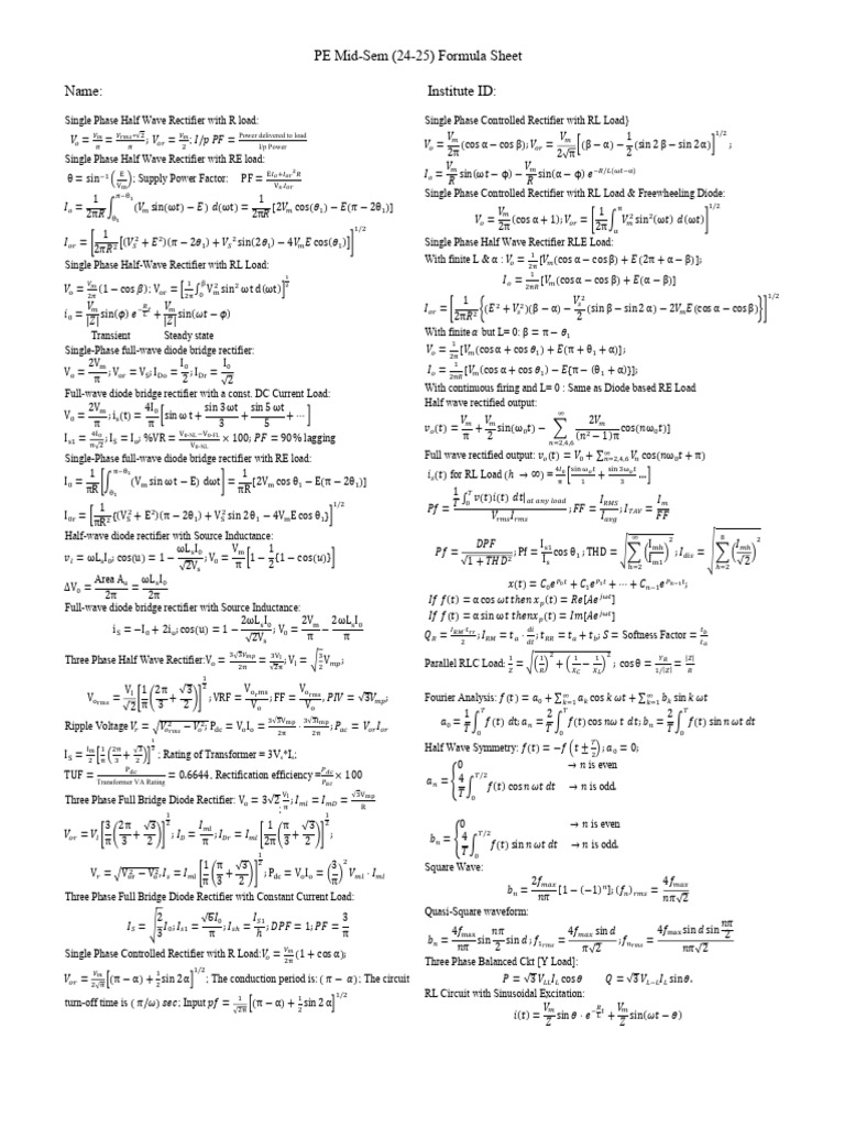 Formula Sheet Compre | PDF | Rectifier | Electrical Components