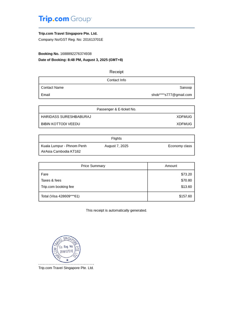 Trip.com Flight Booking Receipt | PDF