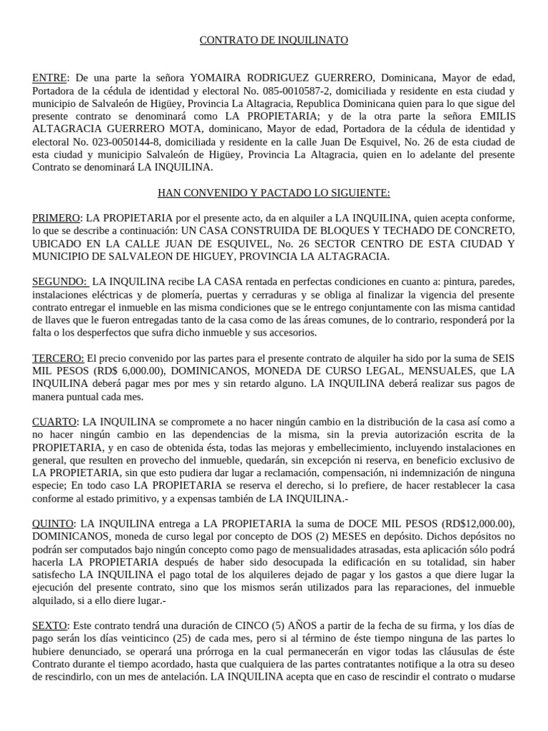 Contrato de Alquiler Emilis Altagracia Guerrero Mota | PDF | Pagos