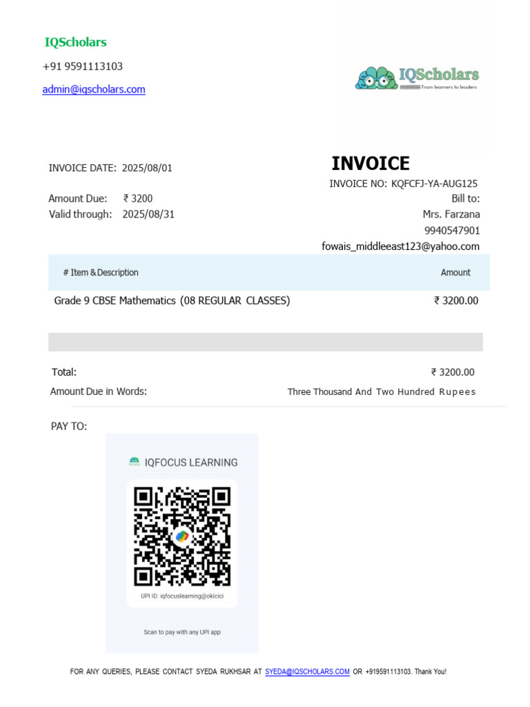 Aug 25 Invoice For Grade 9 Cbse-1 | PDF