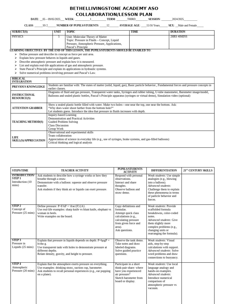 BLA PHY SS2 WK 1 | PDF | Pressure | Gases