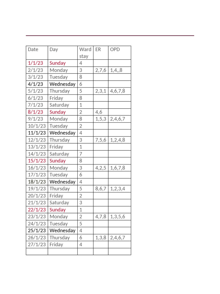 January 2023 Ward Stay Schedule | PDF