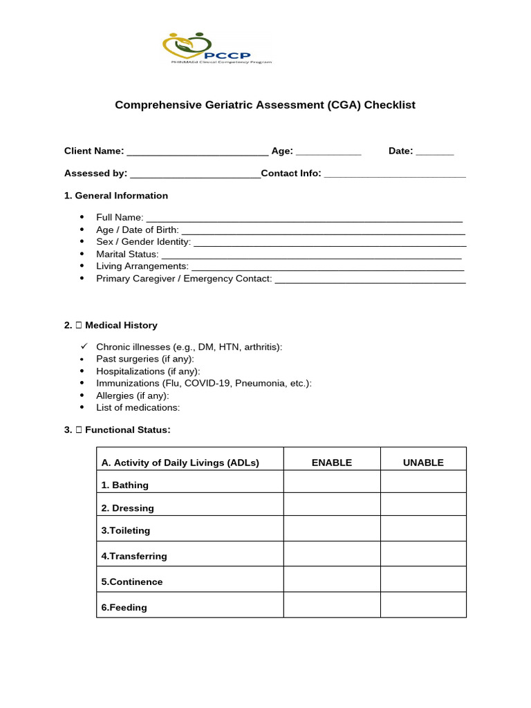 Comprehensive Geriatric Assessment (CGA) Checklist | PDF | Geriatrics | Medical Specialties