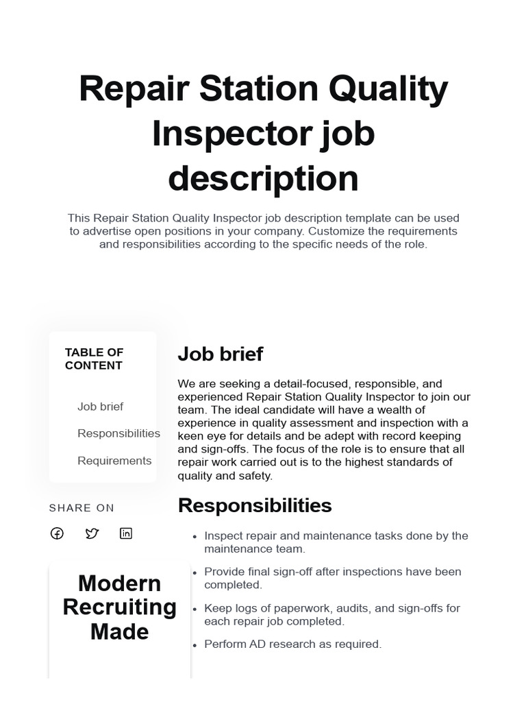 Repair Station Quality Inspector Job Description - Manatal - Manatal Resources | PDF