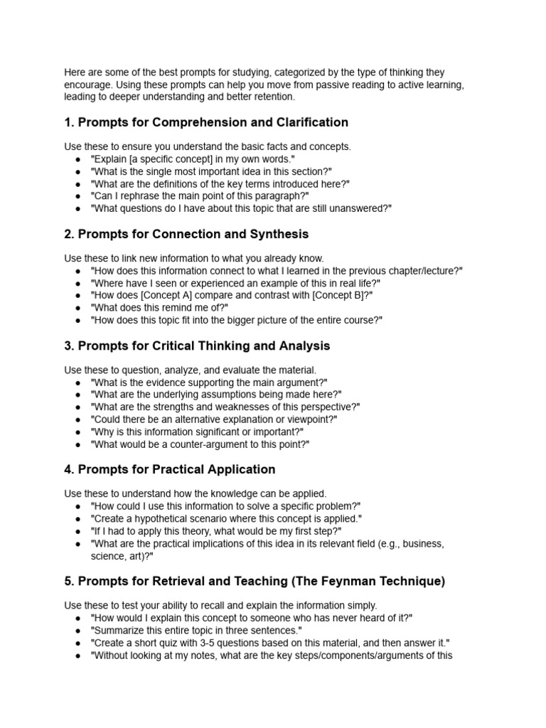 Effective Study Prompts for Learning | PDF | Concept | Information