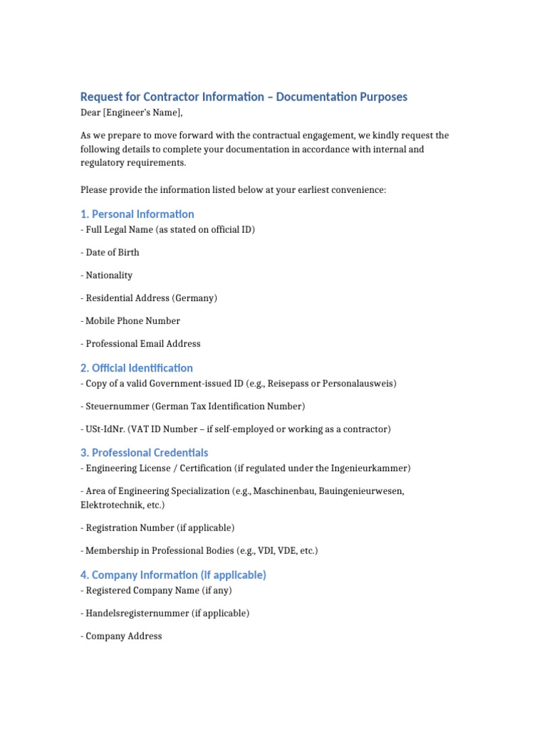 Contractor Information Request Template | PDF
