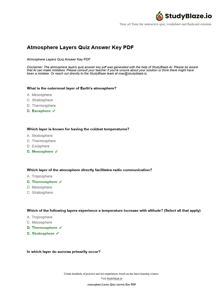 Atmosphere Layers Quiz Answers | PDF | Atmosphere Of Earth | Atmosphere