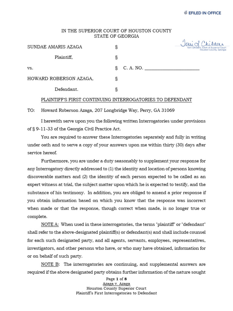 2025-02-12-FILED Plaintiffs First Continuing Interrogatories | PDF | Witness | Interrogatories