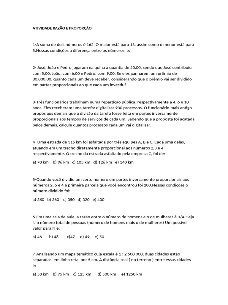 Exercícios de Razão e Proporção | PDF