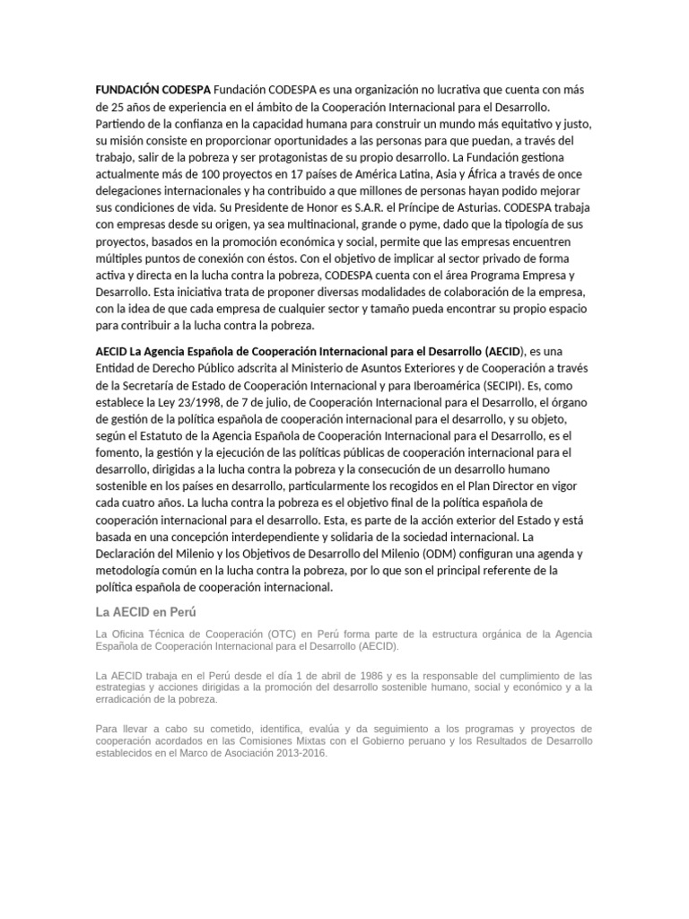 Fundación Codespa: La AECID en Perú | PDF | Ayuda para el desarrollo ...