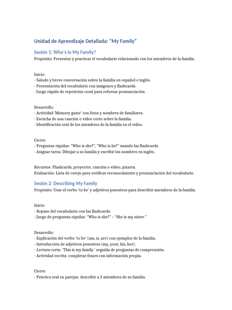 Unidad Aprendizaje My Family Detallada | PDF | Tarjeta de memoria flash ...