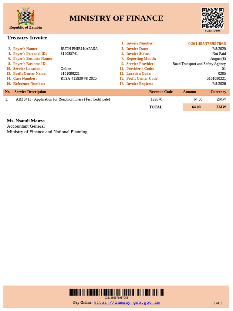 Treasury Invoice for Roadworthiness Test | PDF