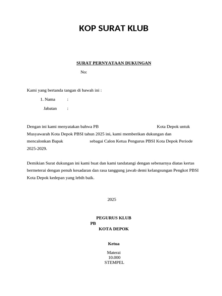 Surat Dukungan Calon Ketua PBSI 2025 | PDF