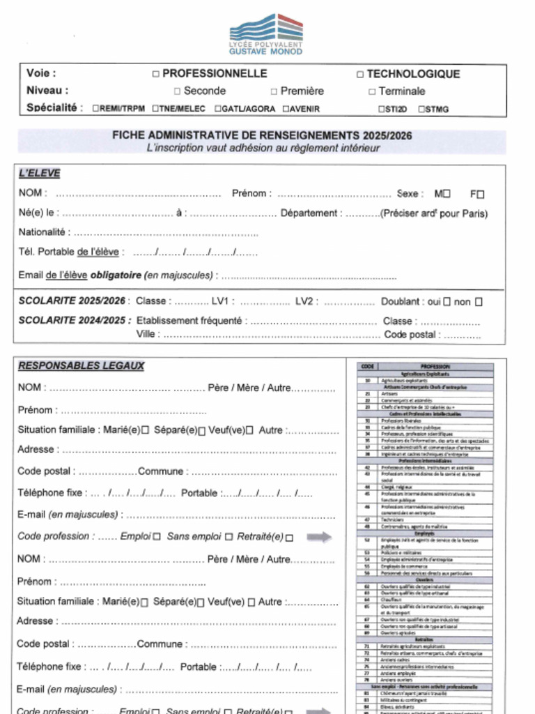 2025 - 26 Fiche Administrative de Renseignements | PDF
