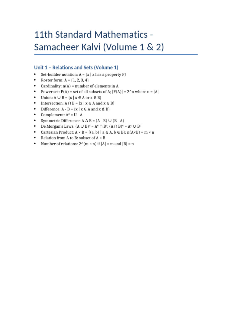 Samacheer Kalvi 11th Maths Formulas | PDF