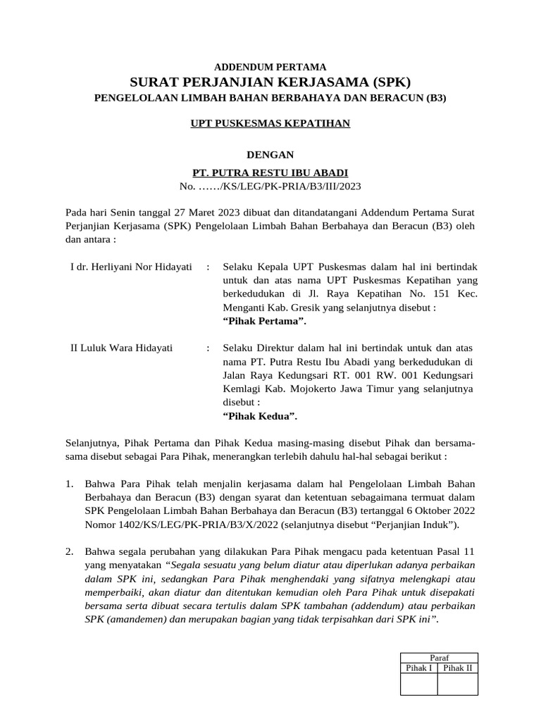 Addendum SPK Pengelolaan Limbah B3 | PDF