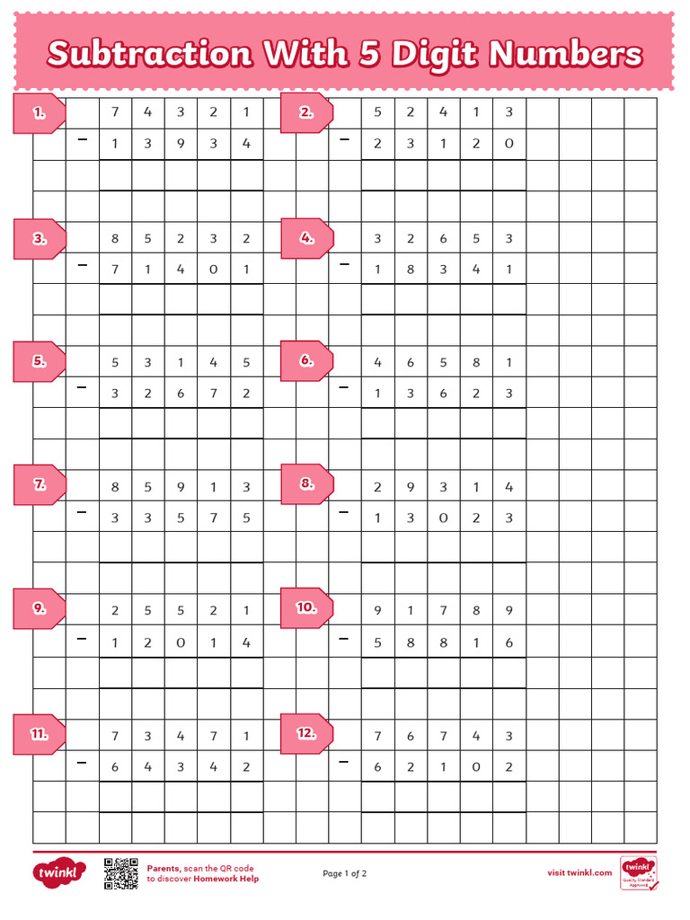 T He 182 Long Subtraction With 5 Digit Numbers Worksheets Ver 2 | PDF