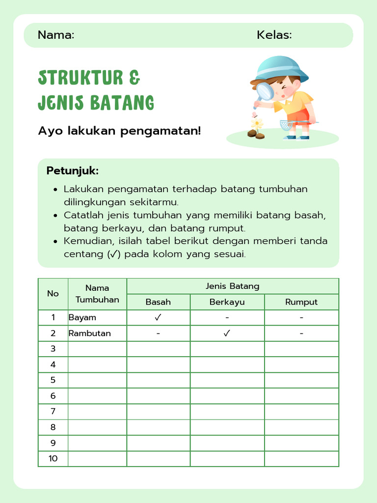Mengamati Struktur Dan Jenis Batang IPAS Kelas 4 Lembar Kerja Hijau ...