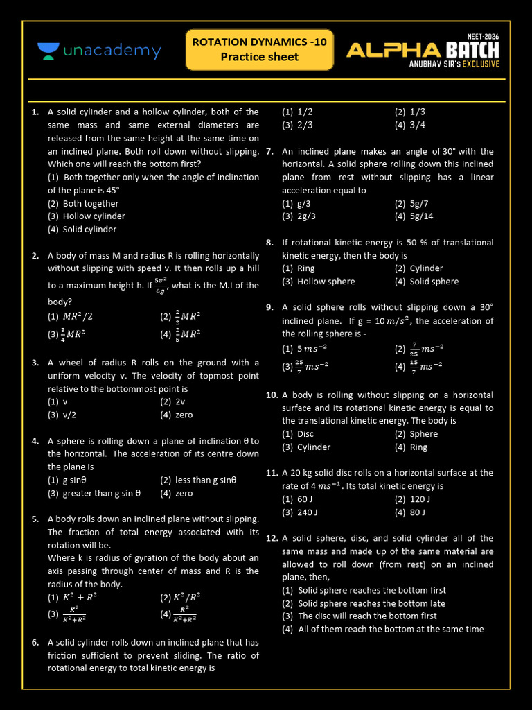 Rotation Dynamics Practice Sheet | PDF | Friction | Force