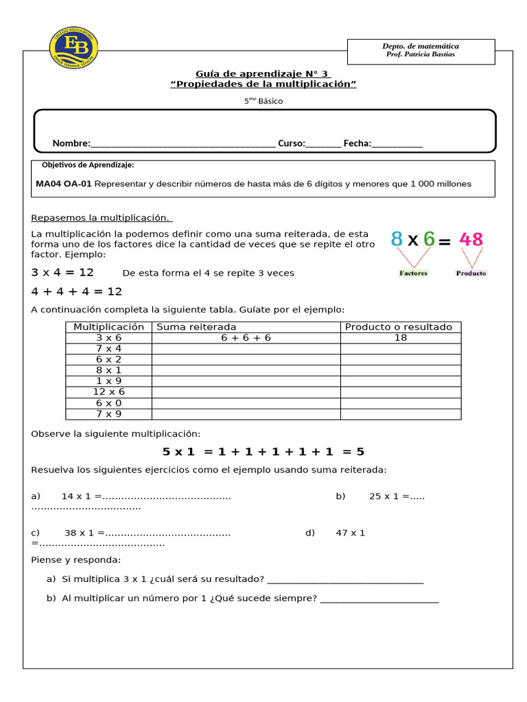 Propiedades de la Multiplicación 5to Básico | PDF | Multiplicación ...