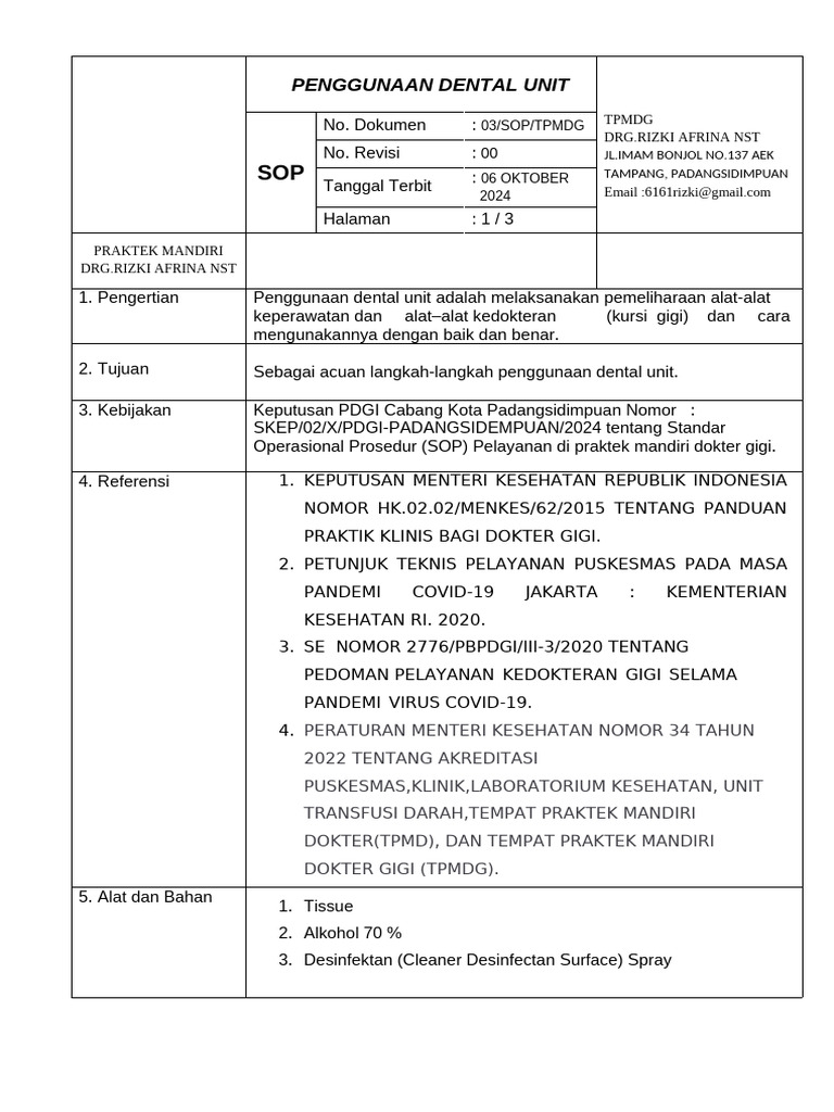 SOP Penggunaan Dental Unit Praktek Gigi | PDF