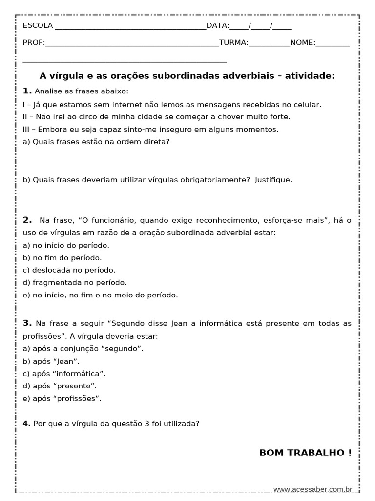 Atividade sobre Vírgulas e Orações Adverbiais | PDF