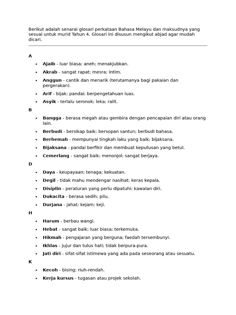 Glosari Perkataan Tahun 4 Melayu | PDF