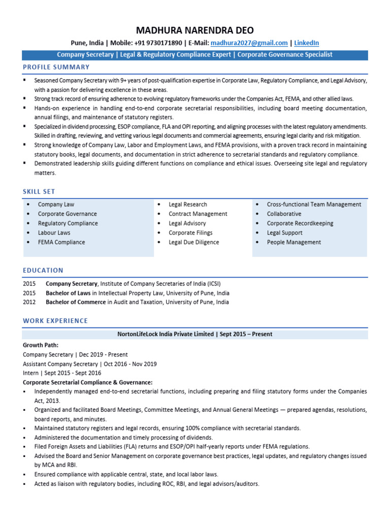 Madhura Narendra Deo - Resume - 18 June 2025 | PDF | Regulatory Compliance | Corporations