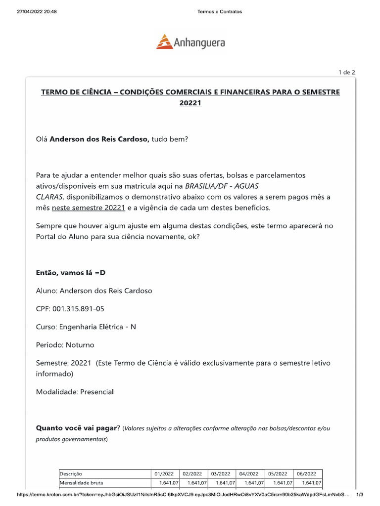 Contrato Facul 1º Sem 2022 | PDF