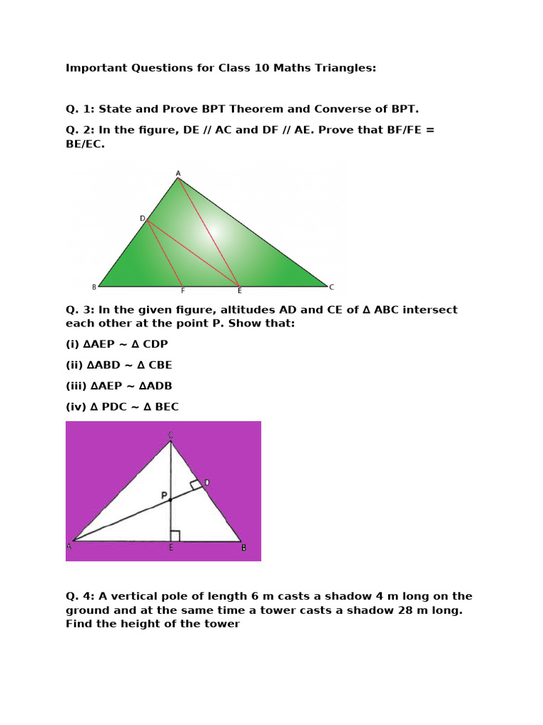 Important Questions For Class 10 Maths Triangles | PDF