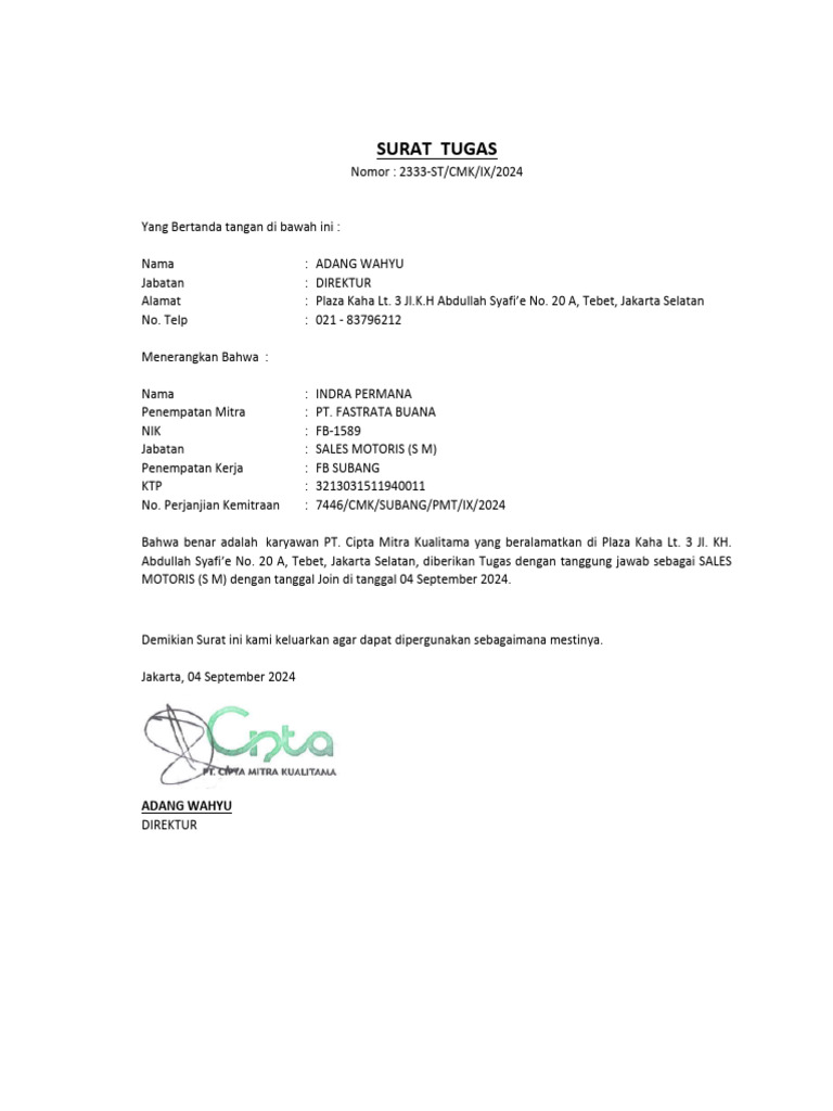 Surat Tugas Indra Permana | PDF