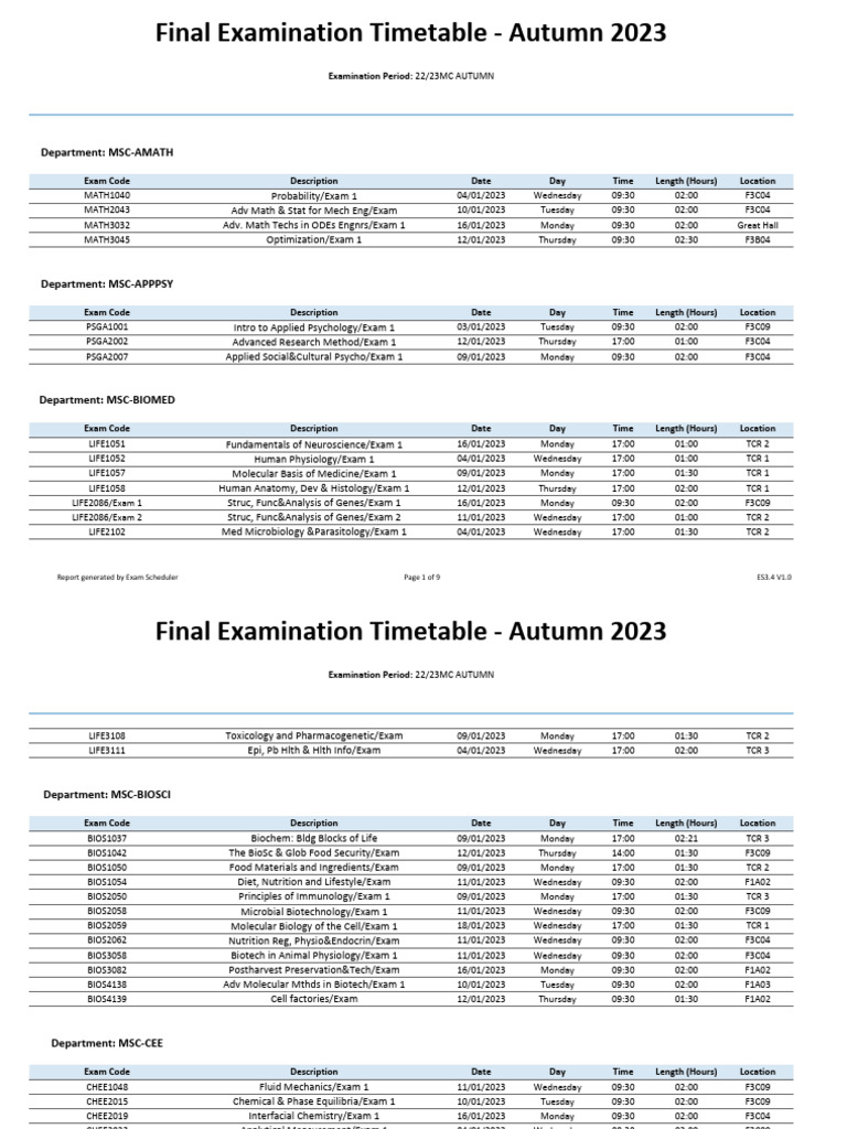 Final Exam Timetable For Autumn 2023 | PDF