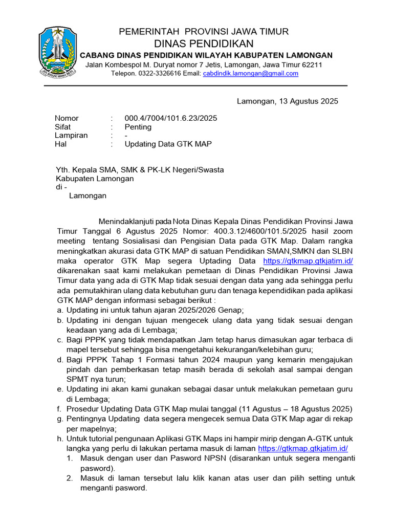 Surat Uptading Ke Lembaga GTK Maps TGL 13 Agustus 2025 - Sign | PDF