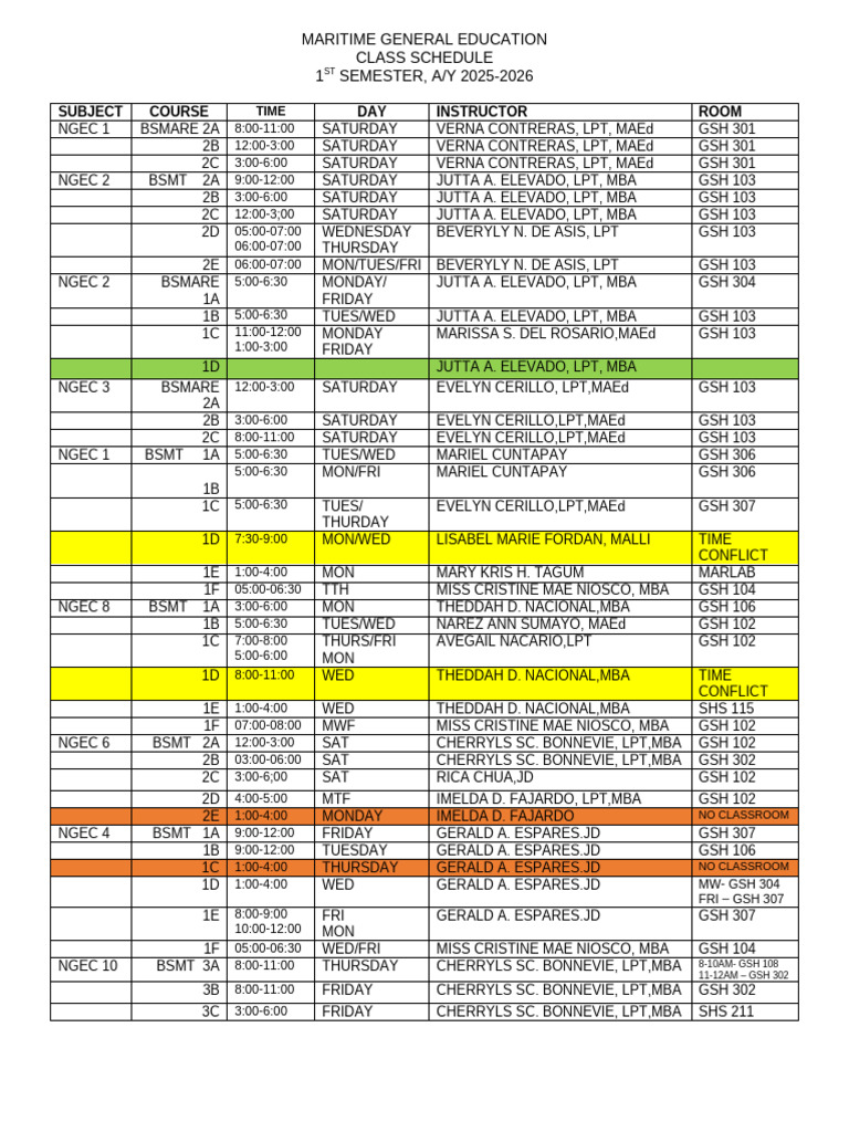 Maritime Education Class Schedule 2025-2026 | PDF