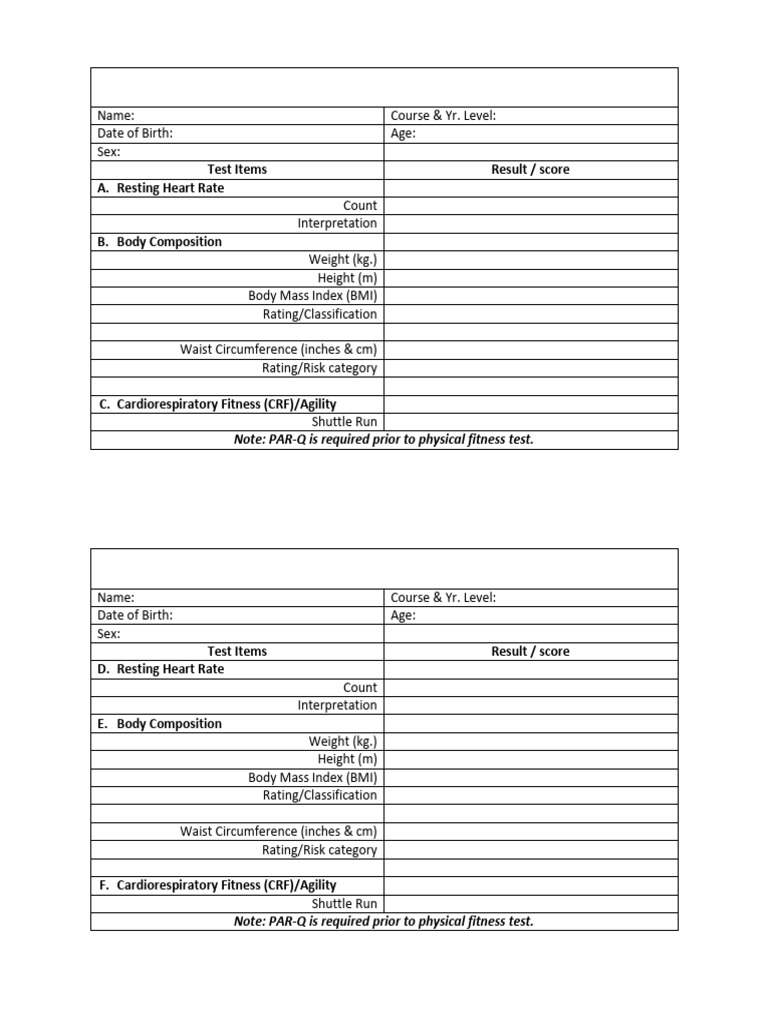 Fitness Assessment Form Pathfit1 | PDF