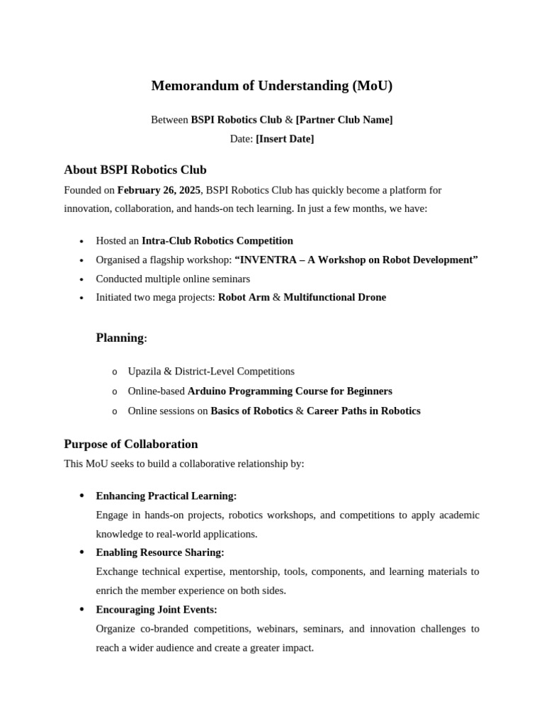 MoU for BSPI Robotics Club Partnership | PDF | Robotics | Collaboration