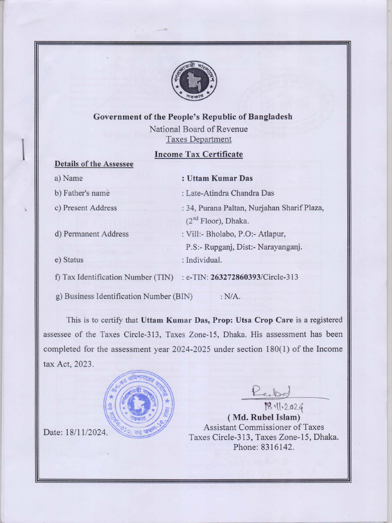 TAX Certificate 24-25 Uttam Kumar Das | PDF