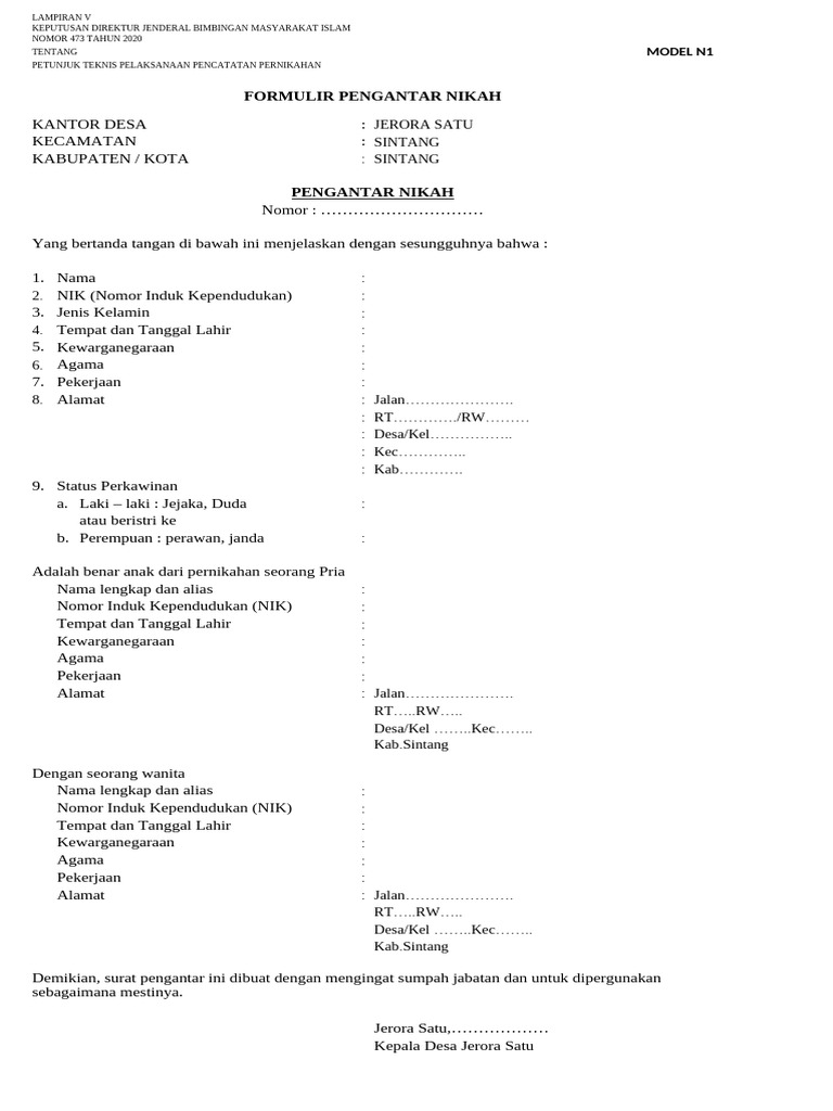 Model N1: Surat Pengantar Nikah | PDF