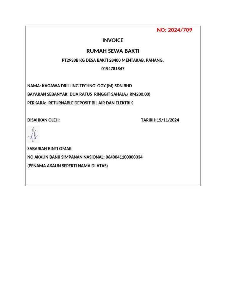 Contoh Invoice Deposit Rumah Sewa | PDF