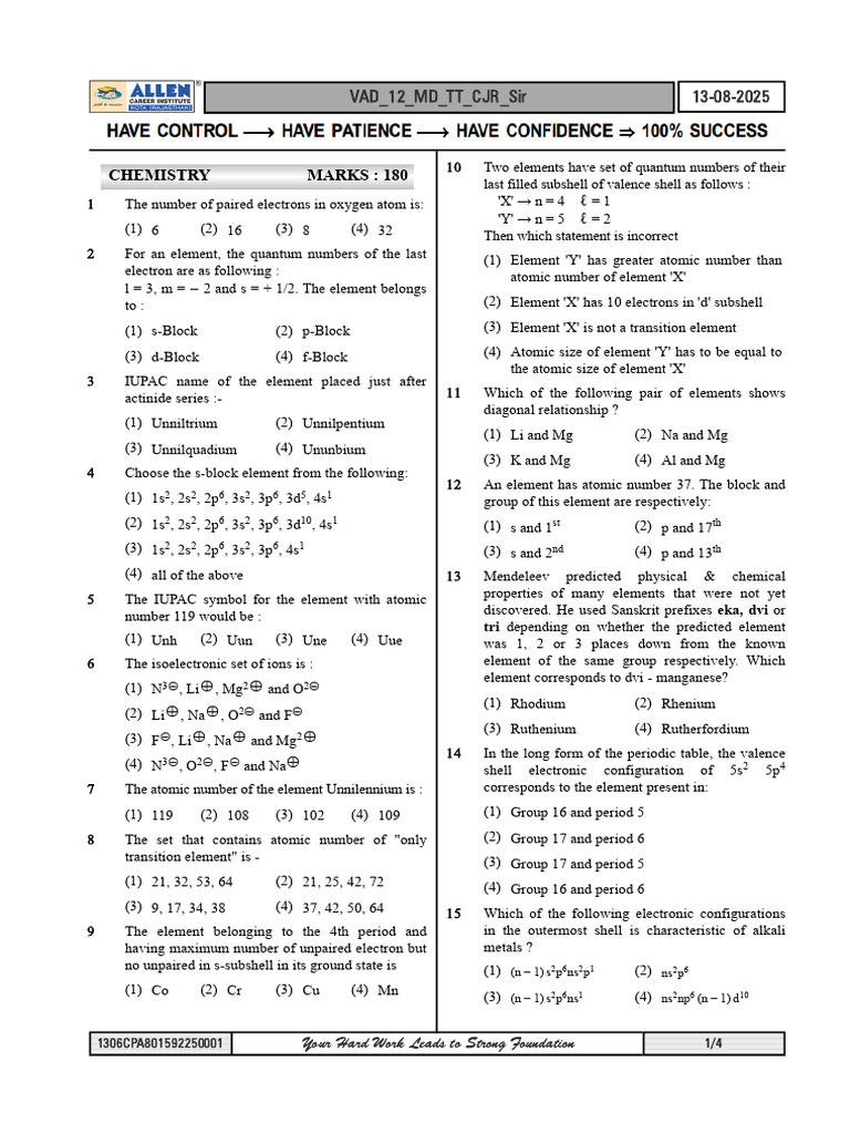 Unnilennium and Quantum Numbers in Elements | PDF | Periodic Table ...