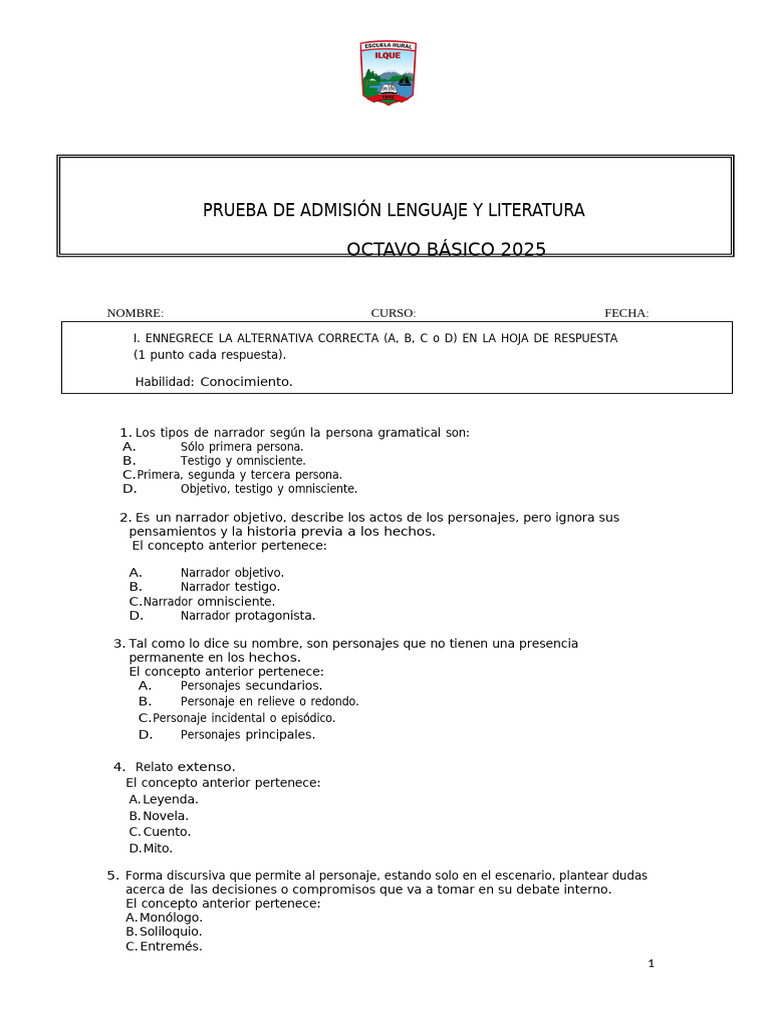 Prueba de Admisión Lenguaje 2025 | PDF | Amor | Gramática