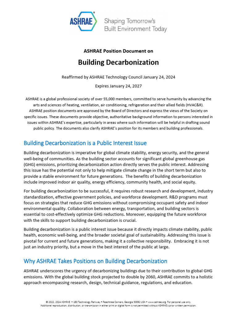 ASHRAE - Position Document On Building Decarbonization | PDF | Climate ...