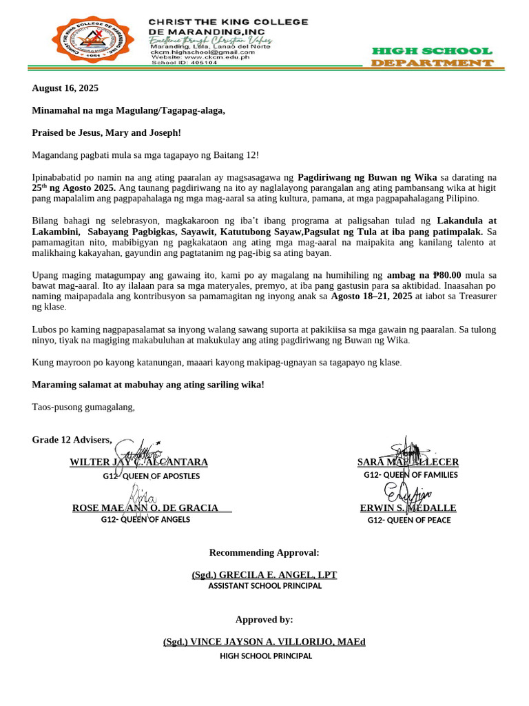 Letter For Parents Buwan NG Wika | PDF