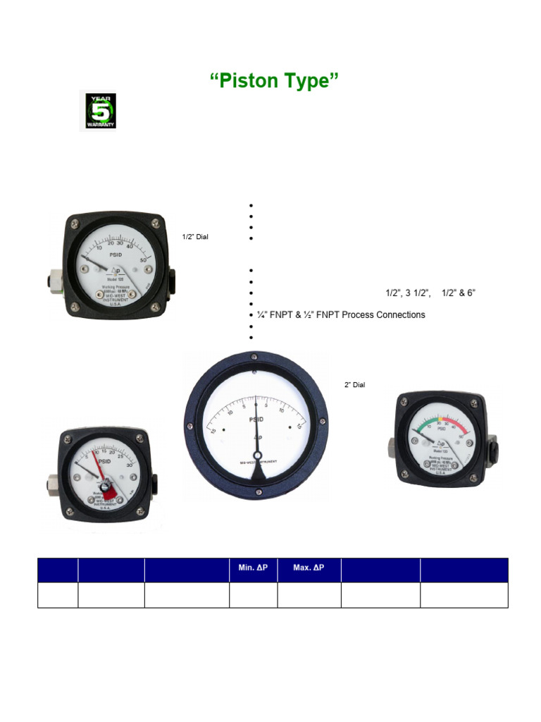 Diff Pressure Gauge Model 120 Detail Sheet | PDF | Switch | Pressure ...