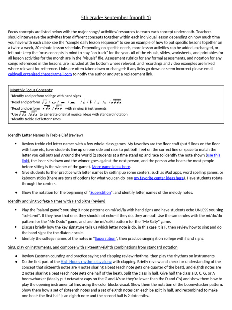 5th Grade Music Curriculum: September Guide | PDF | Musical Notation | Clef