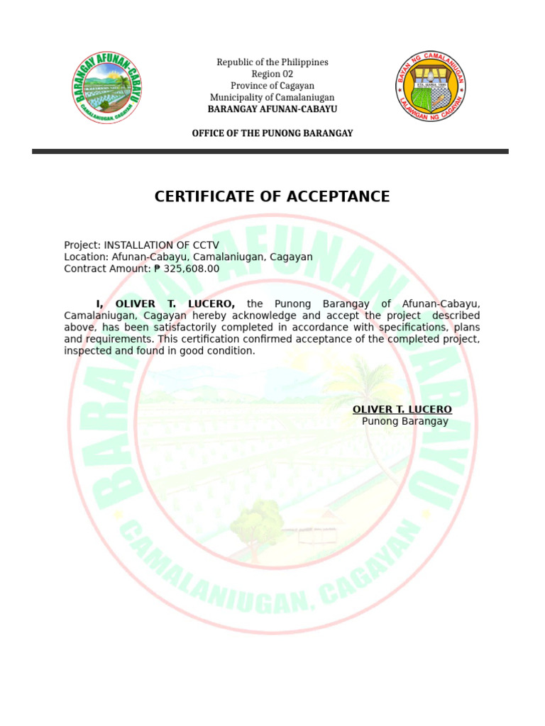 Cctv-Certificate of Acceptance | PDF