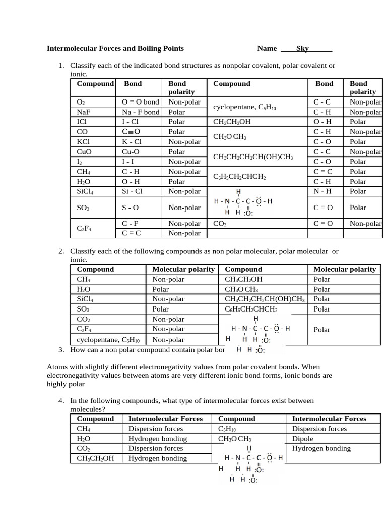 Intermolecular Forces and Boiling Points | PDF | Chemical Polarity ...
